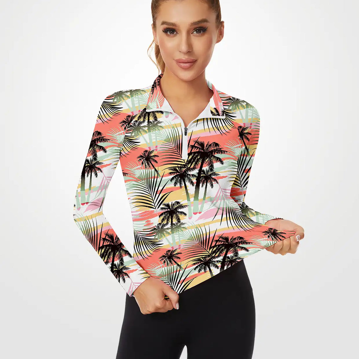 Coconut Tree Quarter-zip Long-sleeve Polo Shirt for Ladies | Soneven