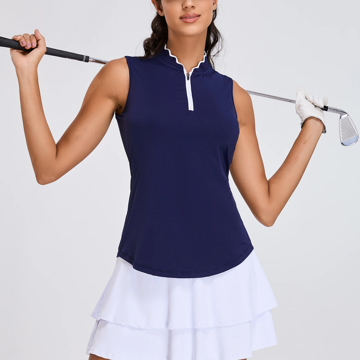 Dark Blue Ruffled Quarter-zip Sleeveless Shirt | Soneven