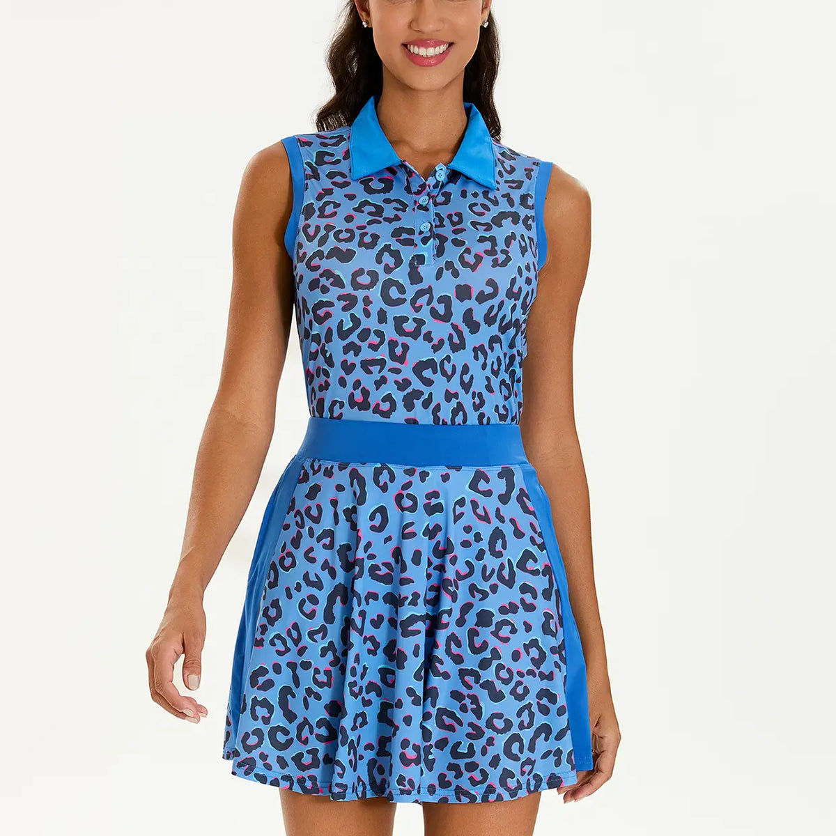 Women's Blue Leopard Button Sleeveless Golf Polo Shirt | Soneven