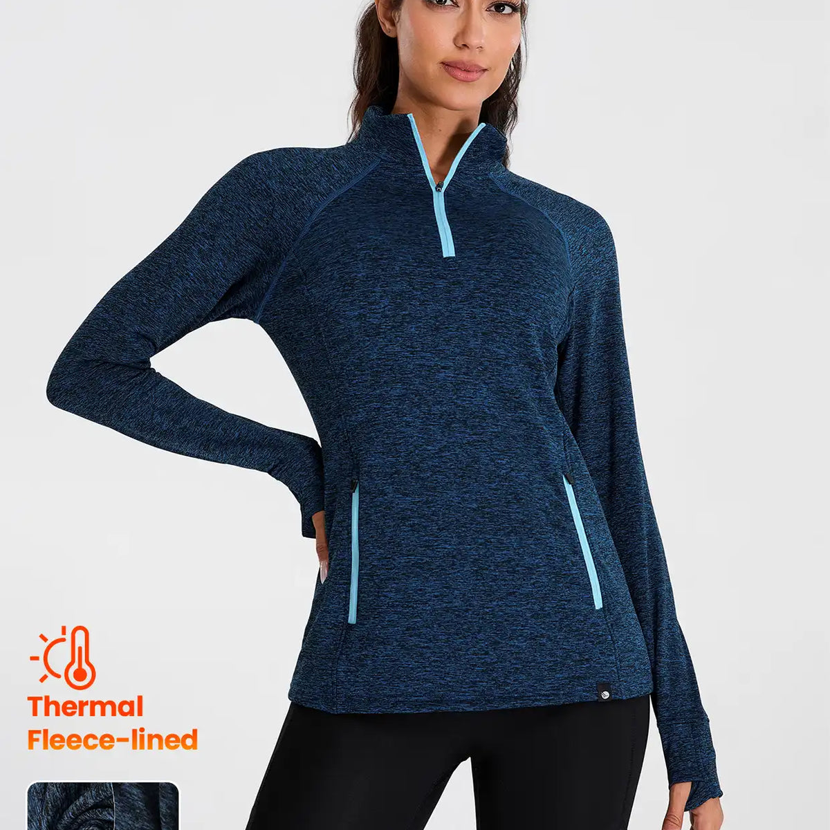 Black Ladies Quarter Zip Thermal Pullover Tops | Soneven