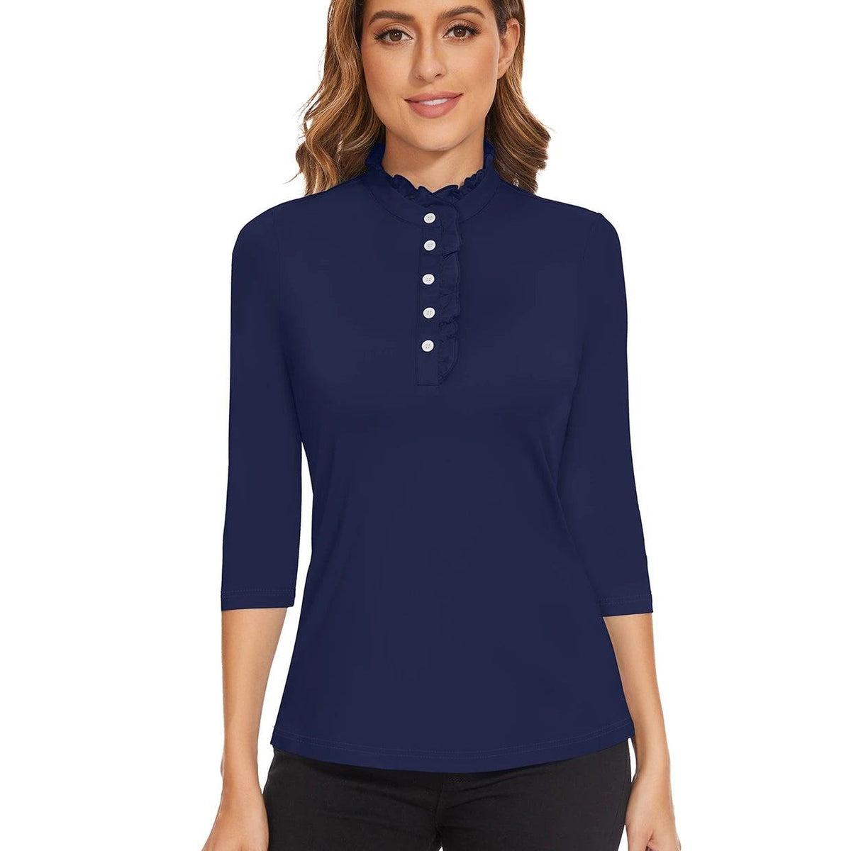 Dark Blue Ruffled-collar 3/4 Sleeve Polo Shirt for Women | Soneven