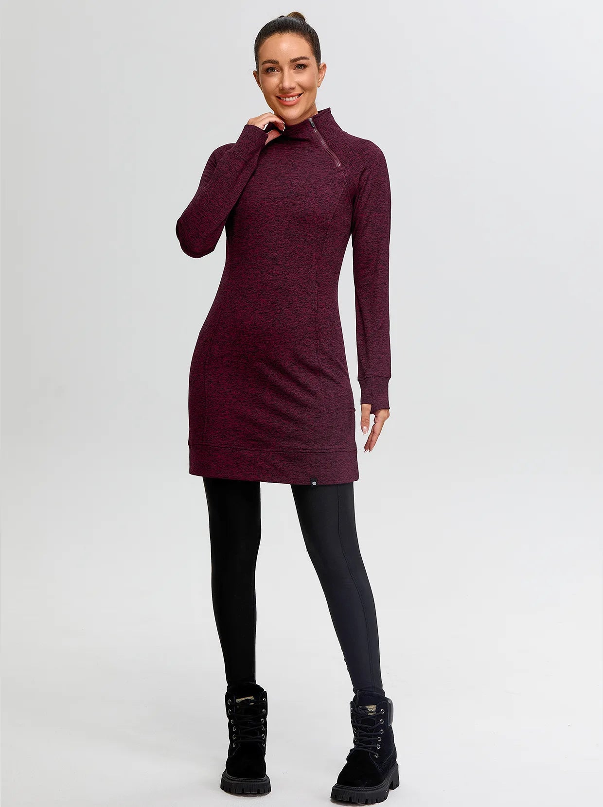Mock Neck Long-sleeve Fleece Dress for Women | Soneven Mock Neck Long-sleeve Fleece Dress for Women | Soneven