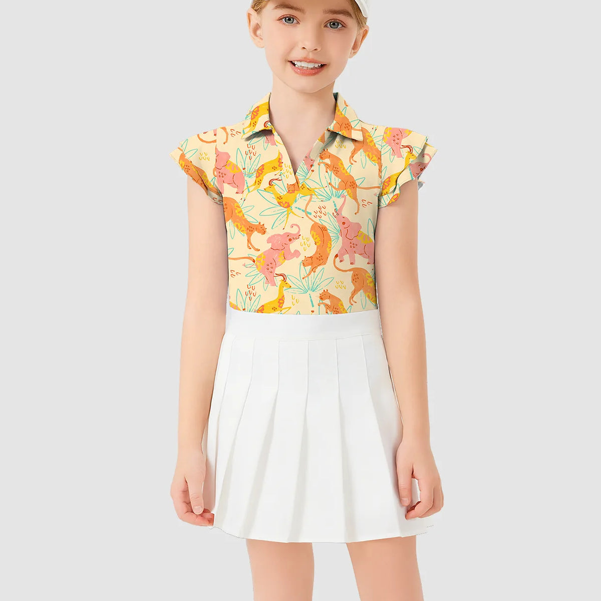 Girls' Pink Leopard V-neck Ruffled Short-sleeve Polo Shirt | Soneven