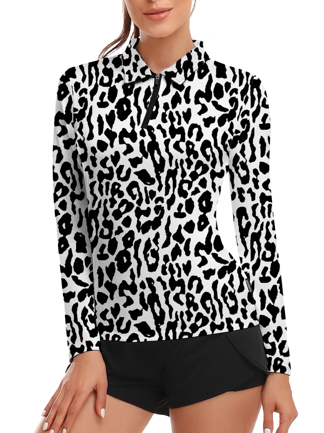 Black and White Leopard Lapel Long-sleeve Polo Top for Ladies & Soneven